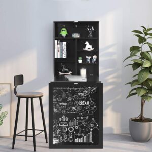 Tangkula Folding Wall Mounted Desk, Floating Desk with Chalkboard, Space Saving Fold Up Desk Wall Convertible Desk, Wall Table with Storage Shelves & Hooks (Black)