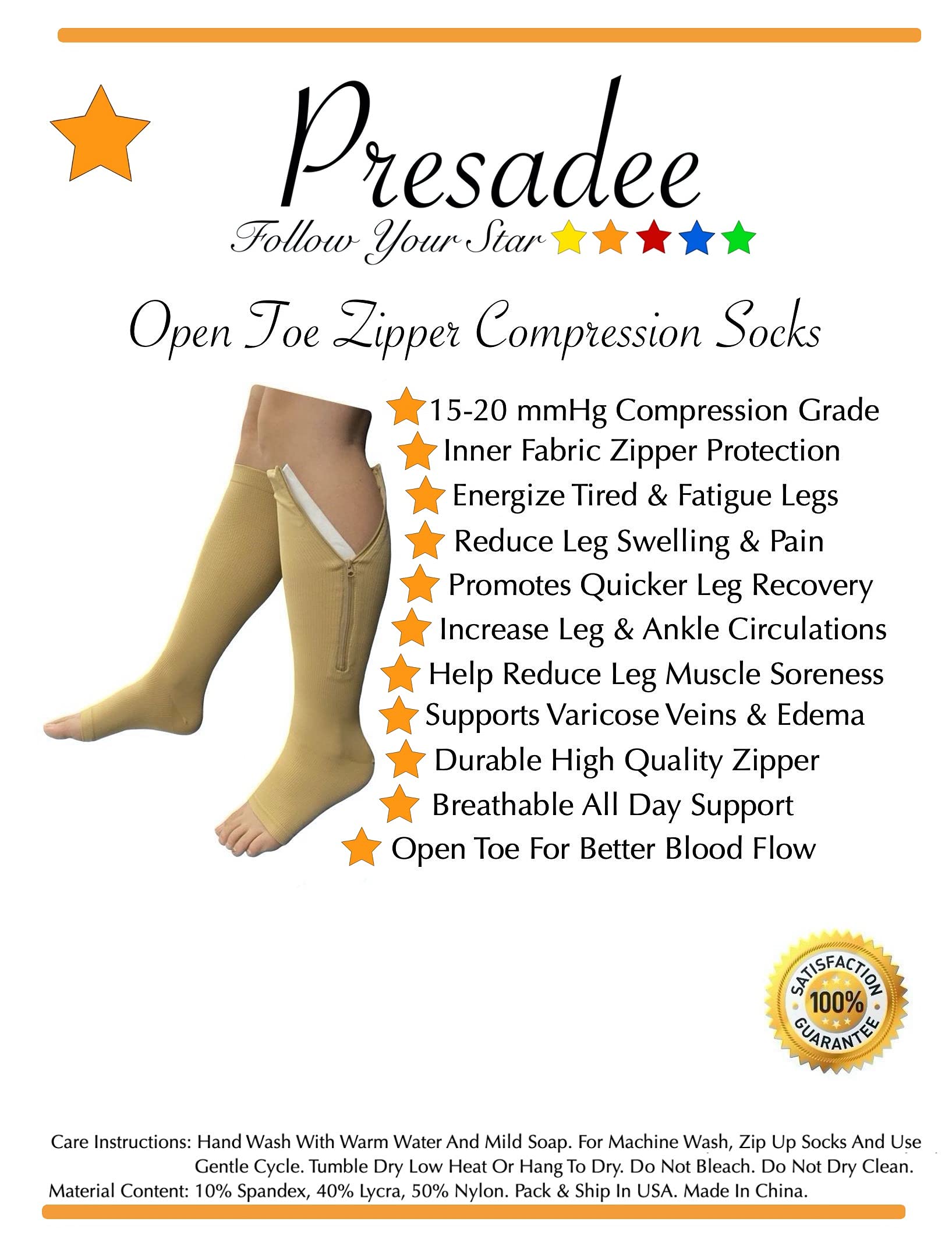 Presadee Open Toe 15-20 mmHg Moderate Compression Leg Calf Swelling Zipper Sock (Beige, 2XL)