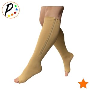 Presadee Open Toe 15-20 mmHg Moderate Compression Leg Calf Swelling Zipper Sock (Beige, 2XL)