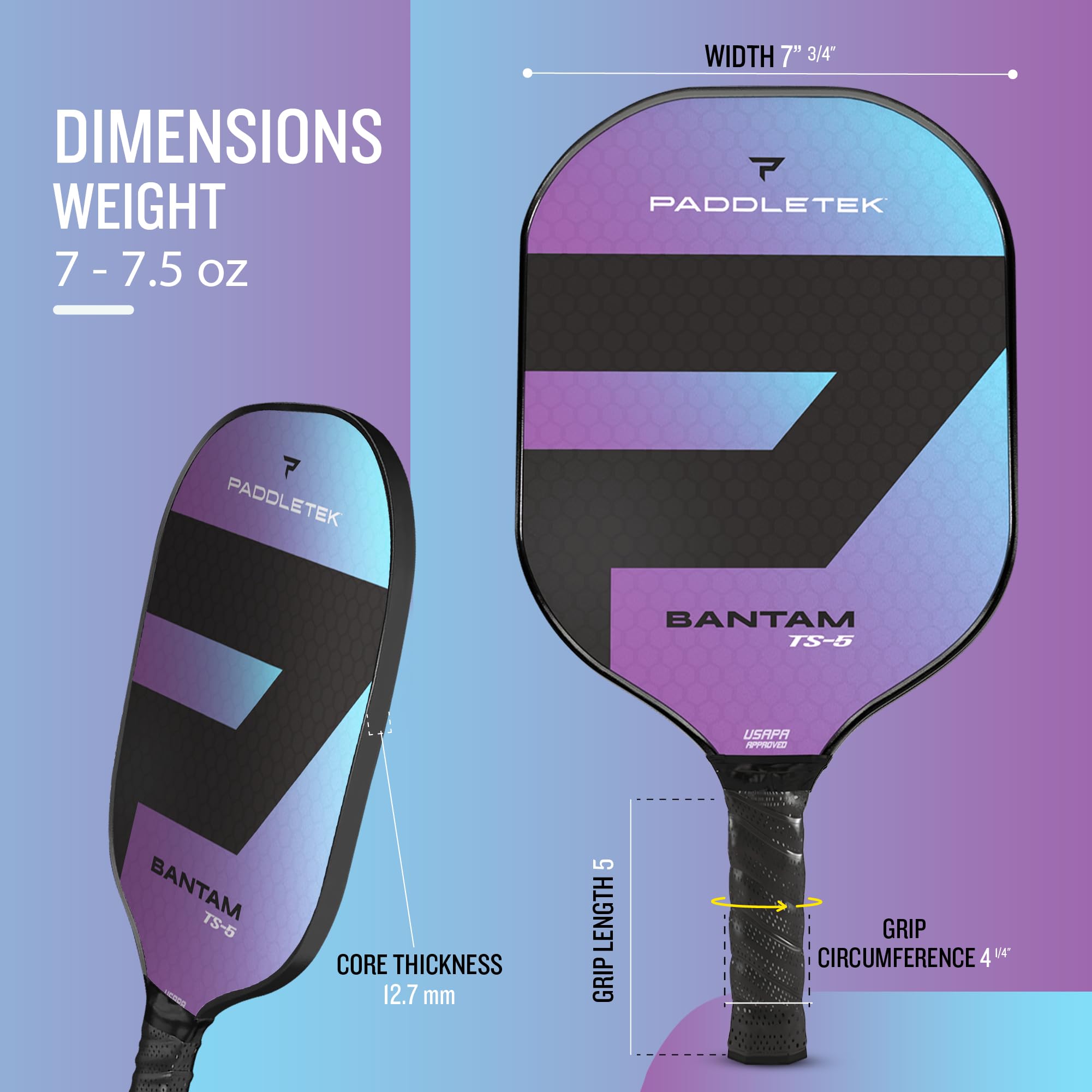 Paddletek Bantam TS-5 Pickleball Paddle | Professional Pickleball Paddles with Honeycomb Core, Textured Fiberglass Epoxy Hybrid Surface, Bantam PolyCore & High Tack Performance Grip | USAPA Approved