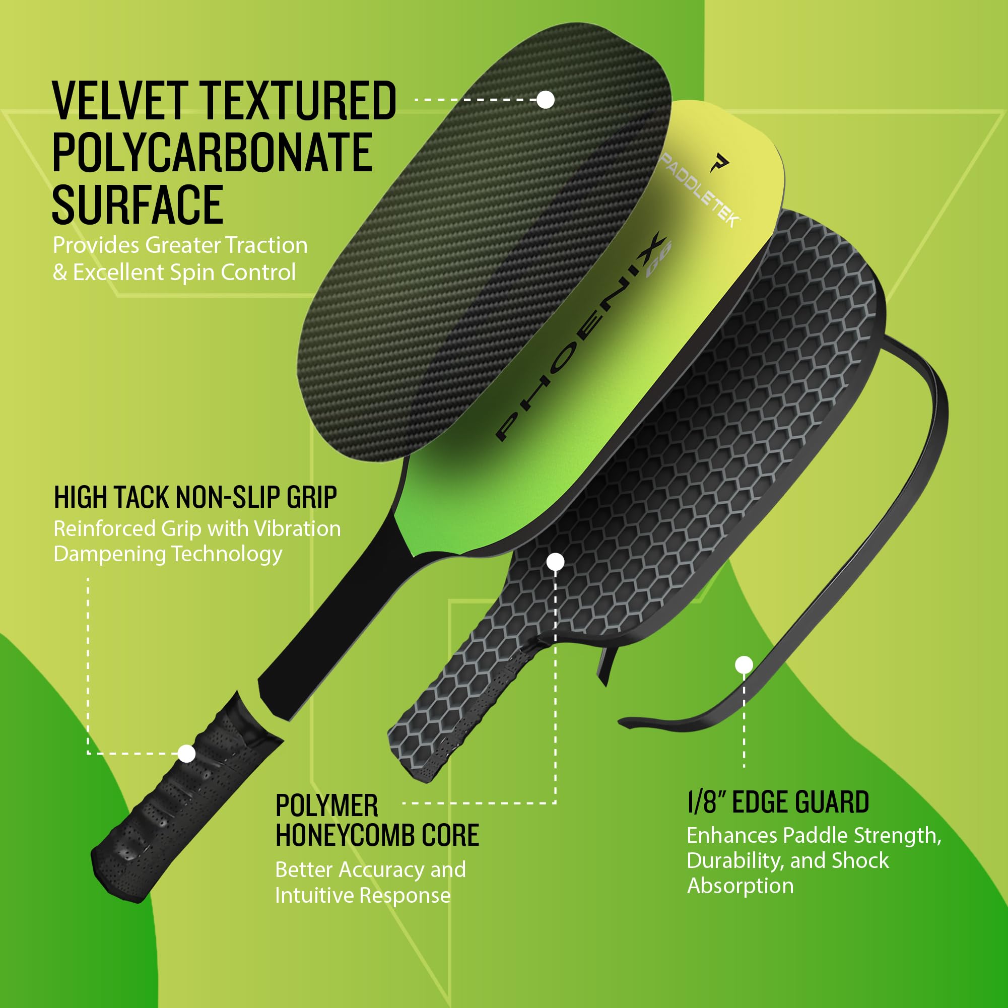 Paddletek Phoenix G6 Pickleball Paddle | Professional Pickleball Paddles with Honeycomb Core, Polycarbonate Surface, Graphite PolyCore & High Tack Performance Grip | USAPA Approved