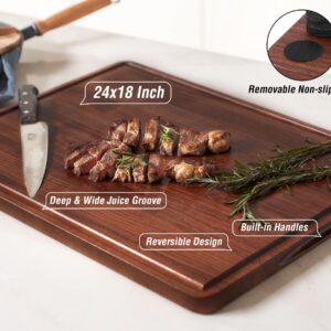 AZRHOM XXL Large Walnut Wood Cutting Board for Kitchen 24x18 (Gift Box) with Juice Groove Handles Non-slip Mats Thick Reversible Butcher Block Chopping Board