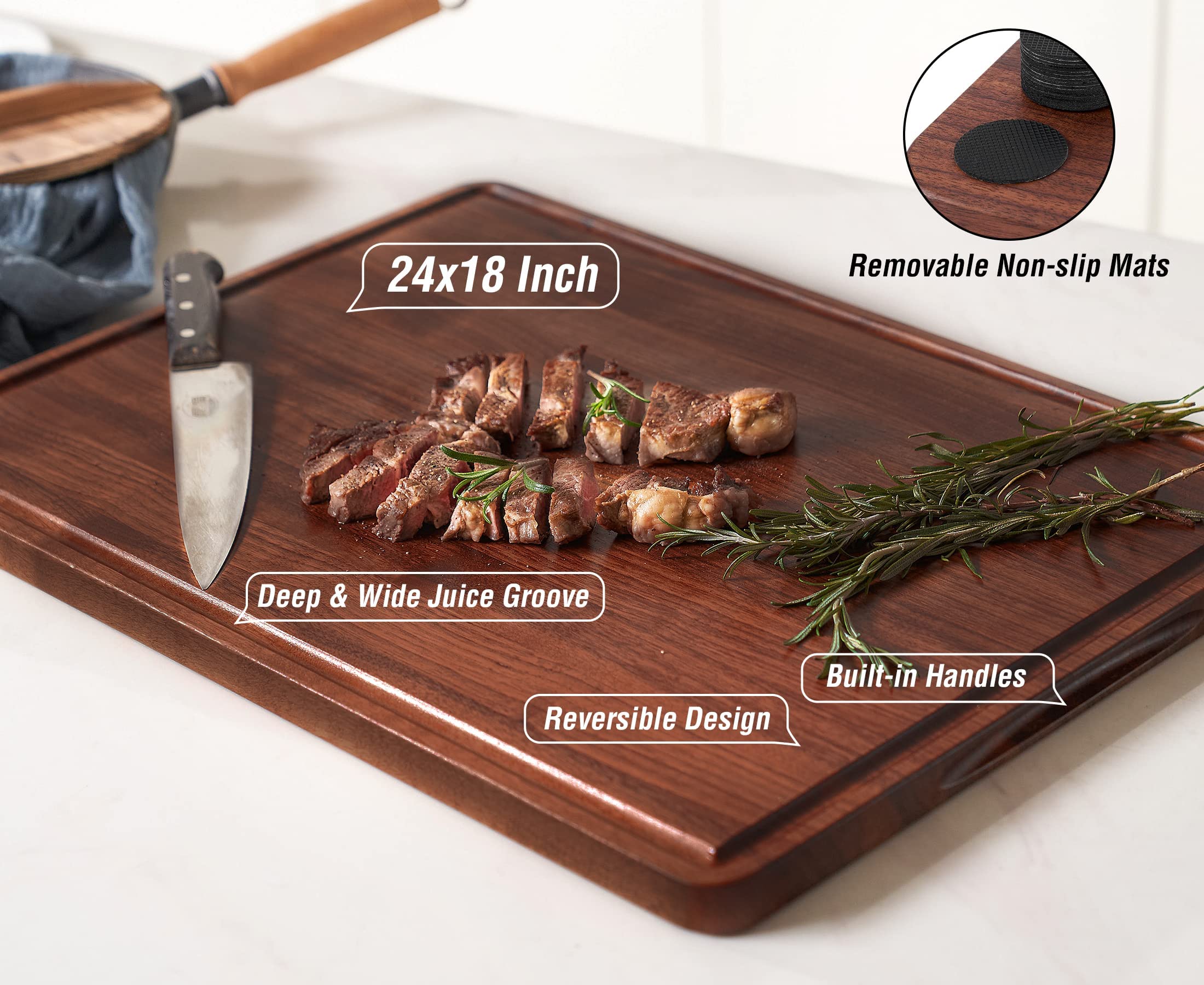 AZRHOM XXL Large Walnut Wood Cutting Board for Kitchen 24x18 (Gift Box) with Juice Groove Handles Non-slip Mats Thick Reversible Butcher Block Chopping Board