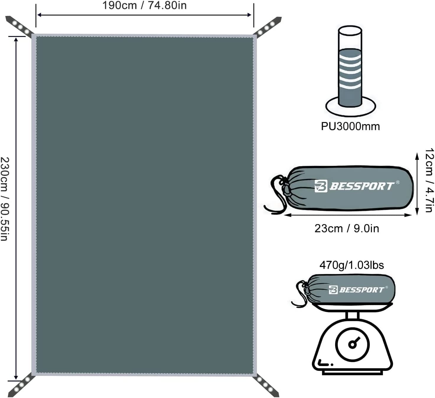 Bessport Tent Footprint for 1-2-3 Person Tent Waterproof Camping Tarp with Drawstring Carrying Bag for Picnic, Hiking and Other Outdoor Activities (3 Person)