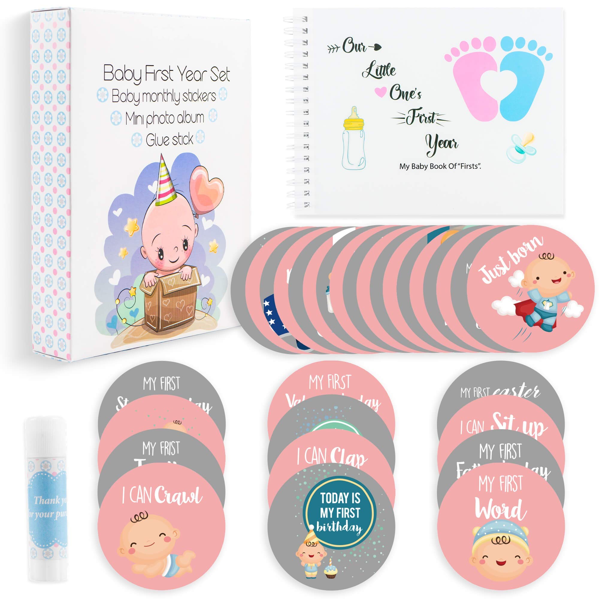 Baby Milestone Stickers Boy Girl - Premium Set of 30 Newborn Infant Monthly Growth Stickers - 1 Photo Album Memory Registry Cute Baby Shower Gift Birthday- Baby Memory Book with Keepsake Box for Mommy