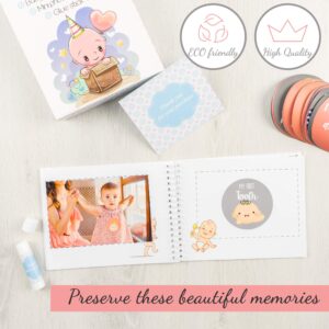 Baby Milestone Stickers Boy Girl - Premium Set of 30 Newborn Infant Monthly Growth Stickers - 1 Photo Album Memory Registry Cute Baby Shower Gift Birthday- Baby Memory Book with Keepsake Box for Mommy