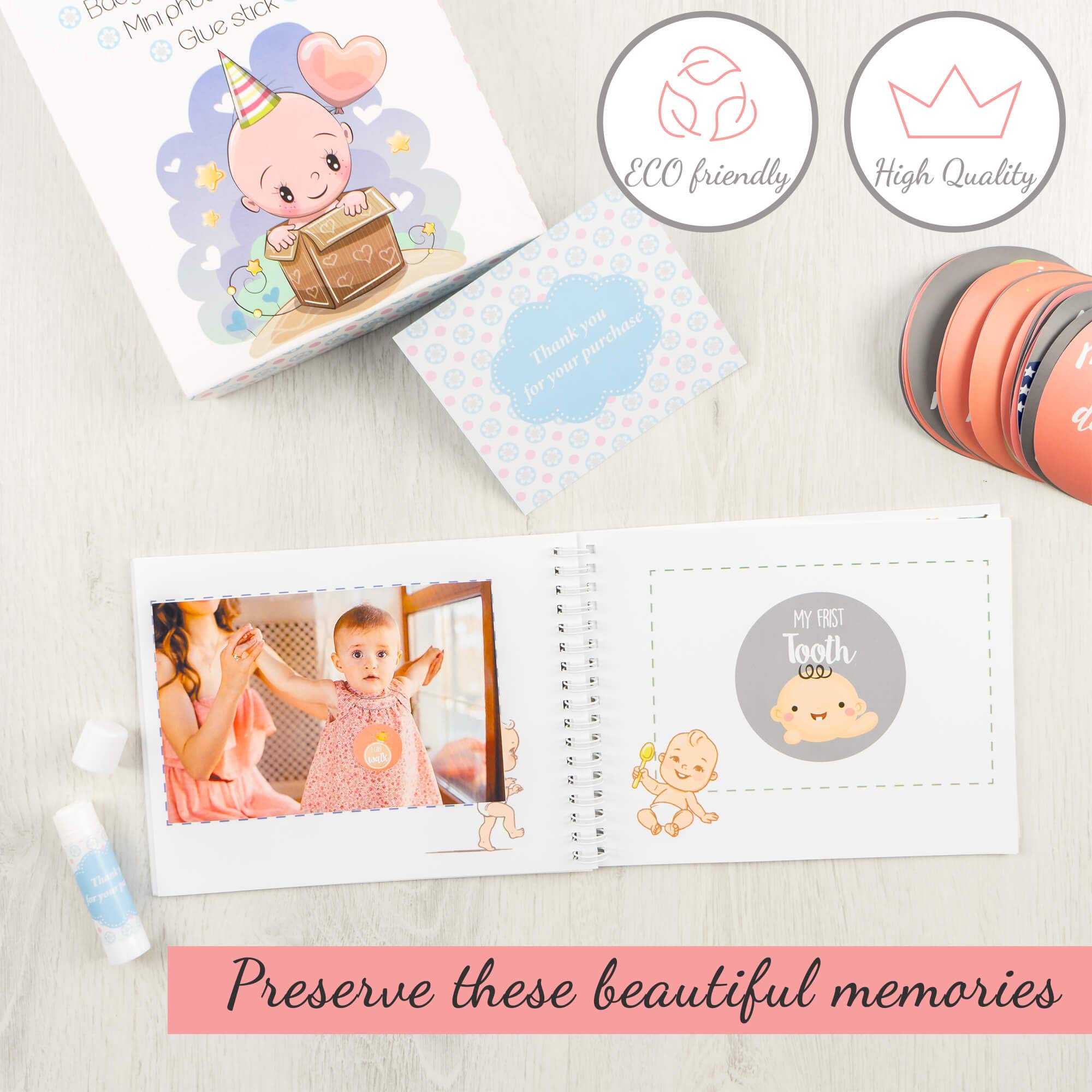 Baby Milestone Stickers Boy Girl - Premium Set of 30 Newborn Infant Monthly Growth Stickers - 1 Photo Album Memory Registry Cute Baby Shower Gift Birthday- Baby Memory Book with Keepsake Box for Mommy