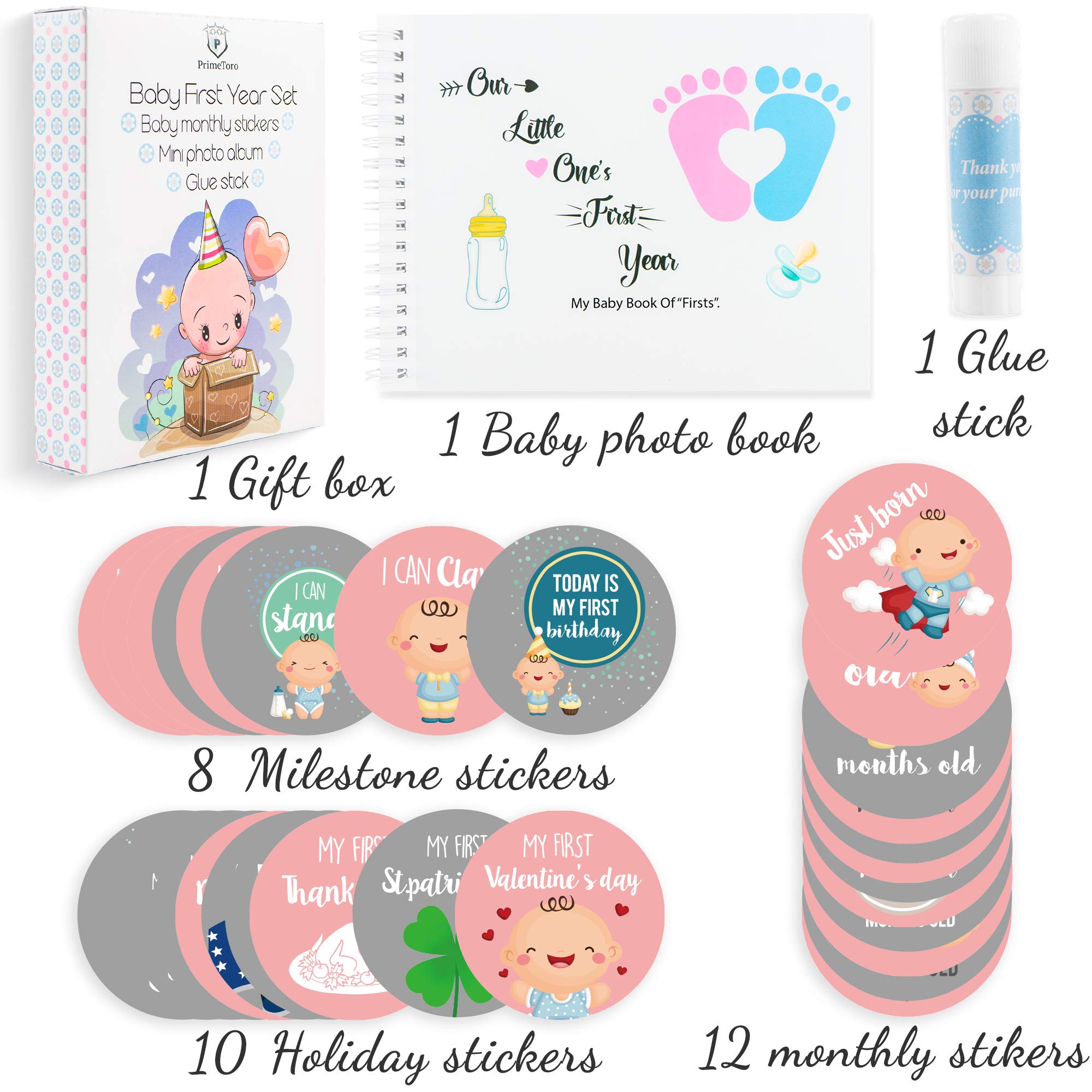 Baby Milestone Stickers Boy Girl - Premium Set of 30 Newborn Infant Monthly Growth Stickers - 1 Photo Album Memory Registry Cute Baby Shower Gift Birthday- Baby Memory Book with Keepsake Box for Mommy