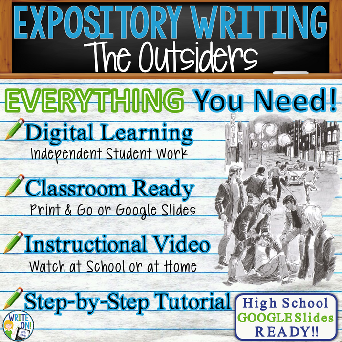 Text Analysis Expository Writing for The Outsiders Distance Learning or In Class, Independent Student Instruction, Instructional Video, PPT, Worksheets, Rubric, Graphic Organizer, Google Slides