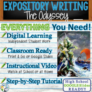 text analysis expository writing for the odyssey distance learning or in class, independent student instruction, instructional video, ppt, worksheets, rubric, graphic organizer, google slides