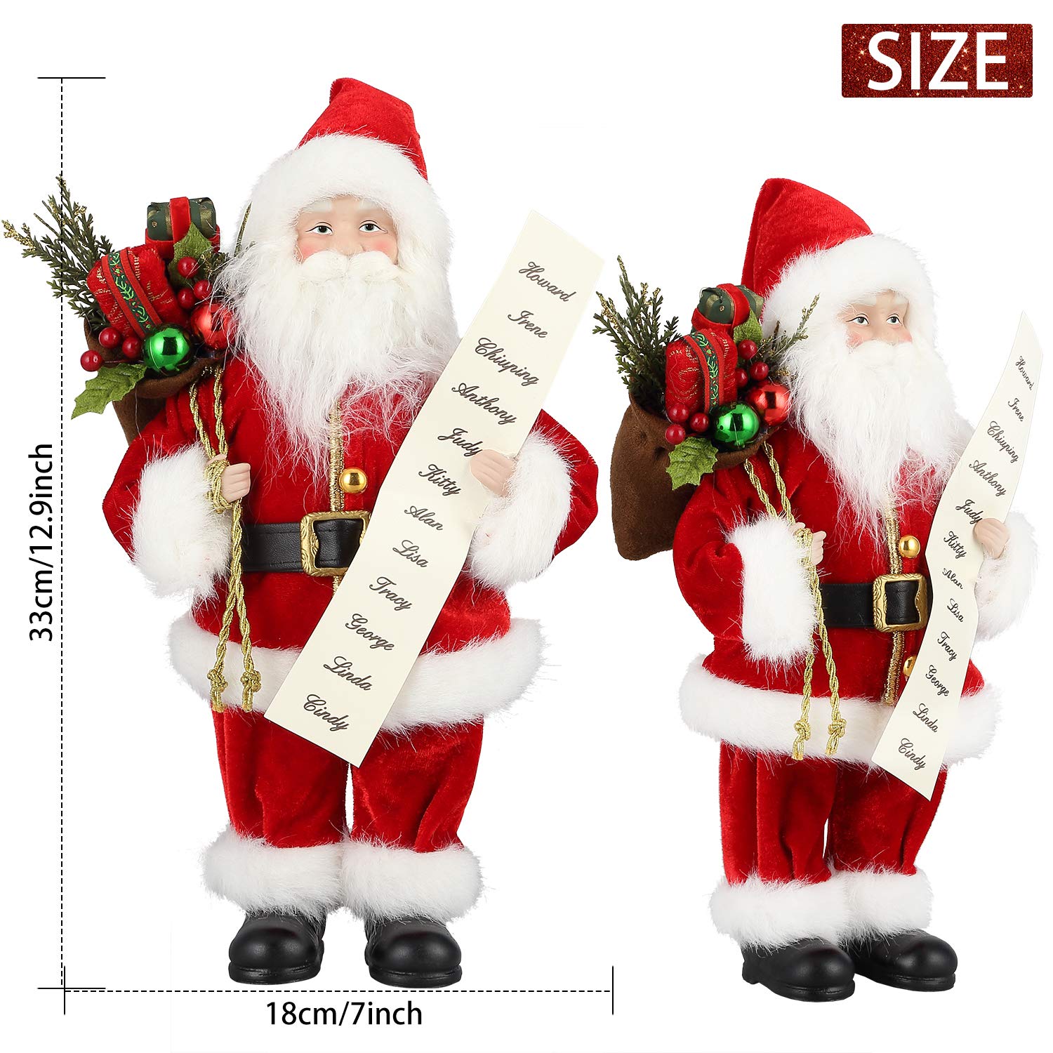 Uten 12" Santa Claus, Christmas Decorations Figurine Figure Decor with List and Gifts Bag for New Year Holiday Party Home Decoration