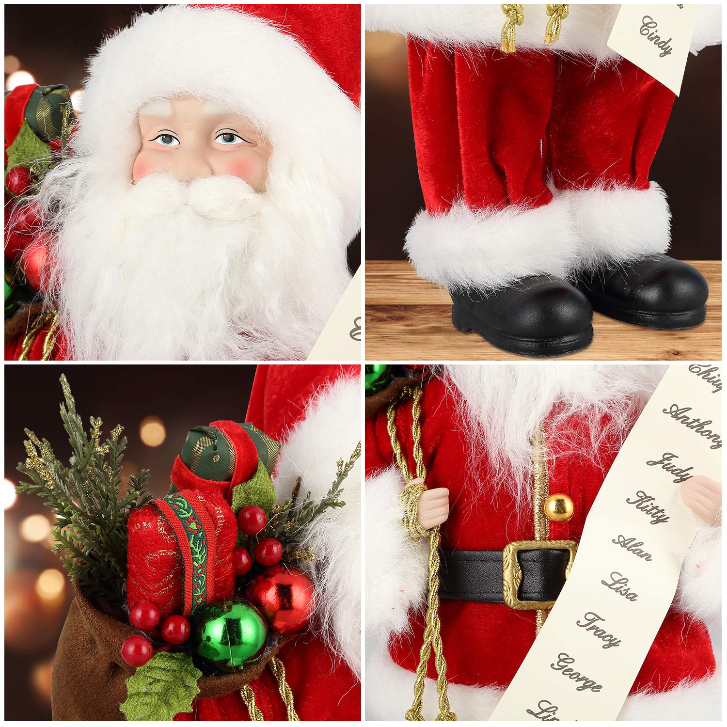 Uten 12" Santa Claus, Christmas Decorations Figurine Figure Decor with List and Gifts Bag for New Year Holiday Party Home Decoration