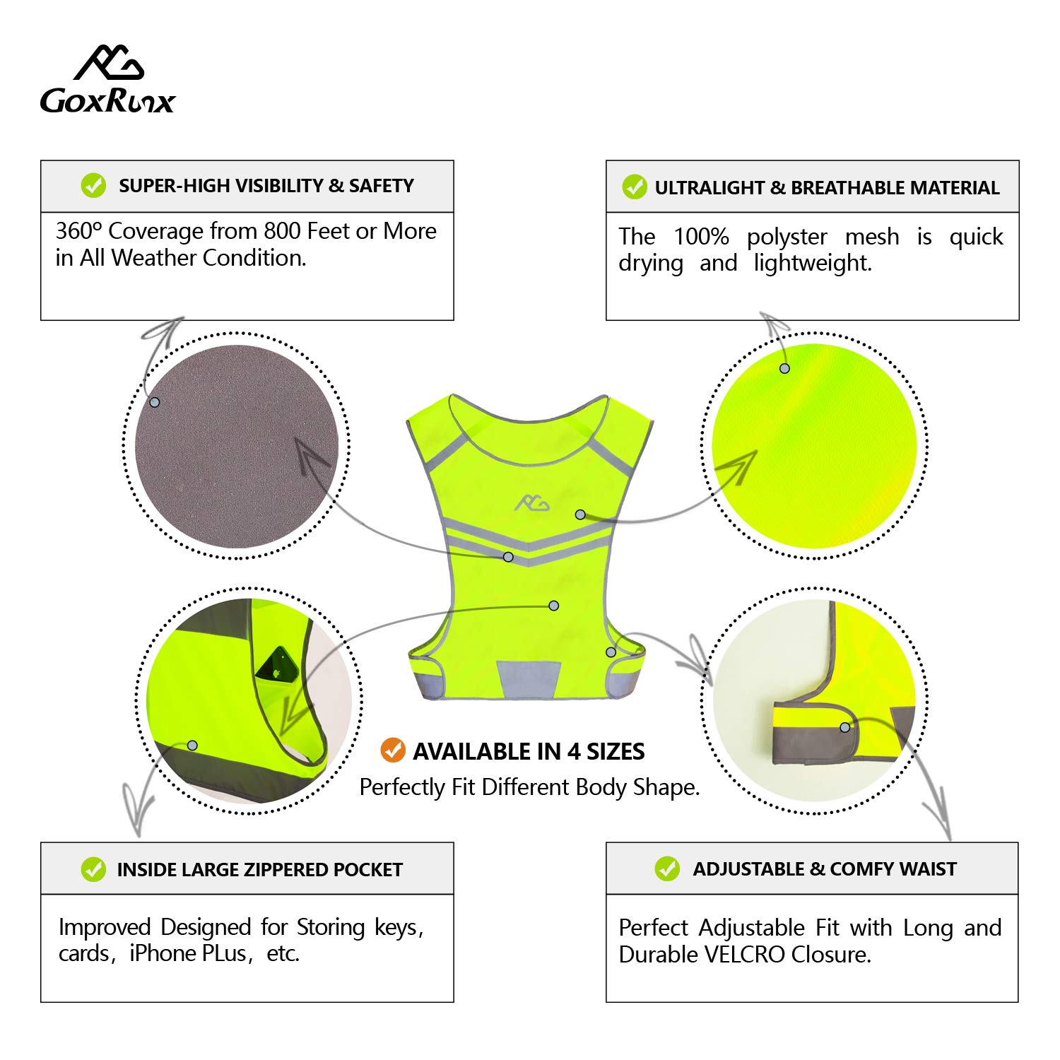 Reflective Running Vest Gear Ultralight & Comfortable Cycling Motorcycle Reflective Vest-Large Zippered Inside Pocket & Adjustable Waist- High Visibility Night Running Safety Vest (Yellow, L/XL)