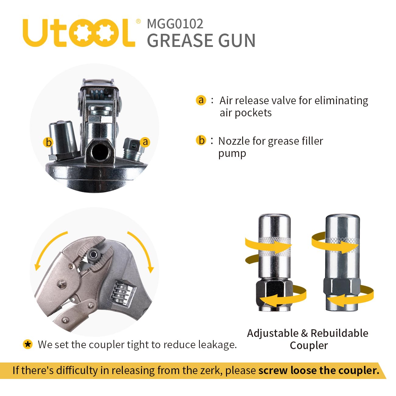 UTOOL Grease Gun, 8000 PSI Heavy Duty Pistol Grip Grease Gun Kit, 14 oz Load, 18 Inch Resin Flex Hose, 2 Basic Coupler, 2 Extension Rigid Pipe and 1 Sharp Type Nozzle