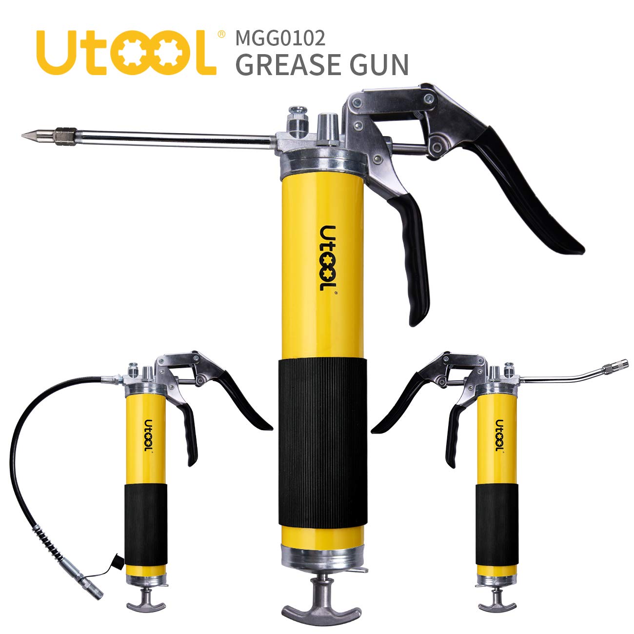 UTOOL Grease Gun, 8000 PSI Heavy Duty Pistol Grip Grease Gun Kit, 14 oz Load, 18 Inch Resin Flex Hose, 2 Basic Coupler, 2 Extension Rigid Pipe and 1 Sharp Type Nozzle