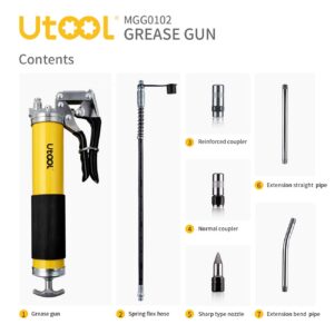 UTOOL Grease Gun, 8000 PSI Heavy Duty Pistol Grip Grease Gun Kit, 14 oz Load, 18 Inch Resin Flex Hose, 2 Basic Coupler, 2 Extension Rigid Pipe and 1 Sharp Type Nozzle