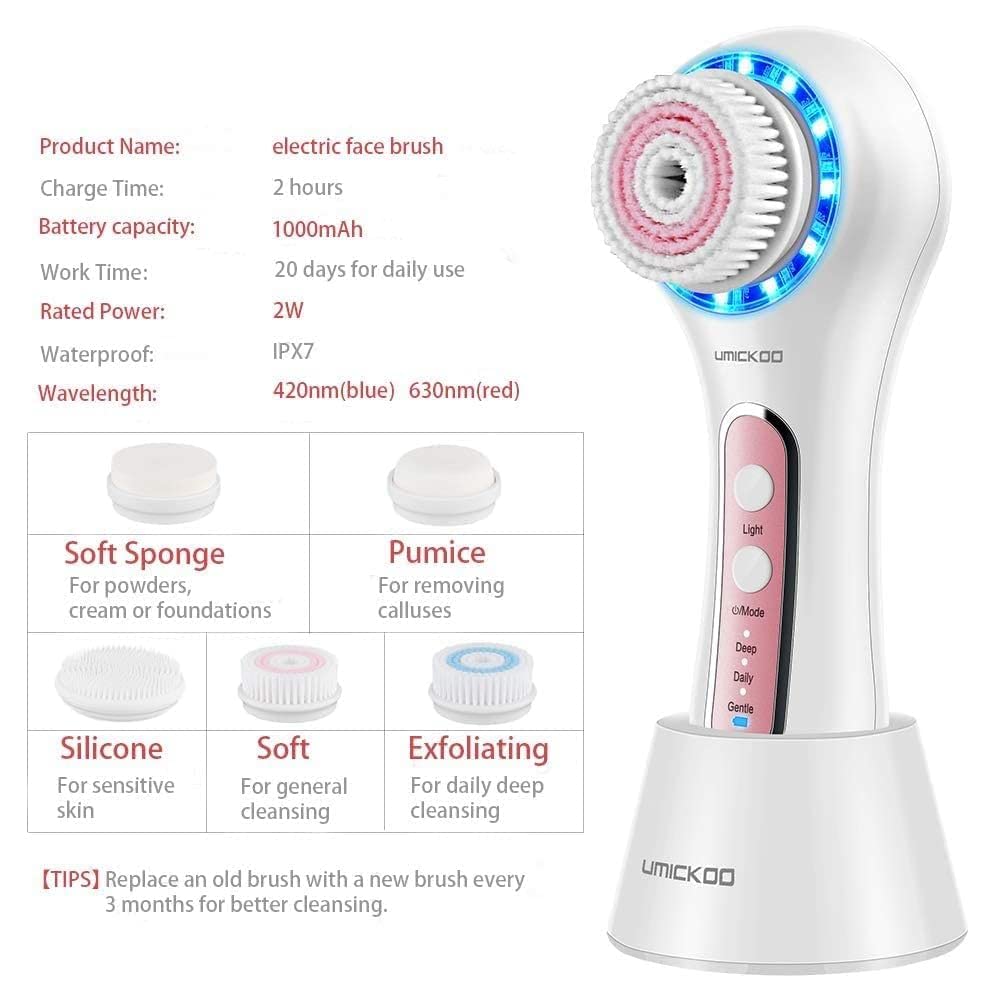 UMICKOO Face Scrubber Exfoliator,Facial Cleansing Brush Rechargeable IPX7 Waterproof with 5 Brush Heads,Electric Face Spin Brush for Exfoliating, Massaging and Deep Cleansing