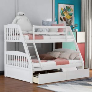 merax solid wood twin over full bunk bed with two storage drawer, removable ladder and safety guardrail for kids, teens, adults, convertible to 2 separated beds (white)