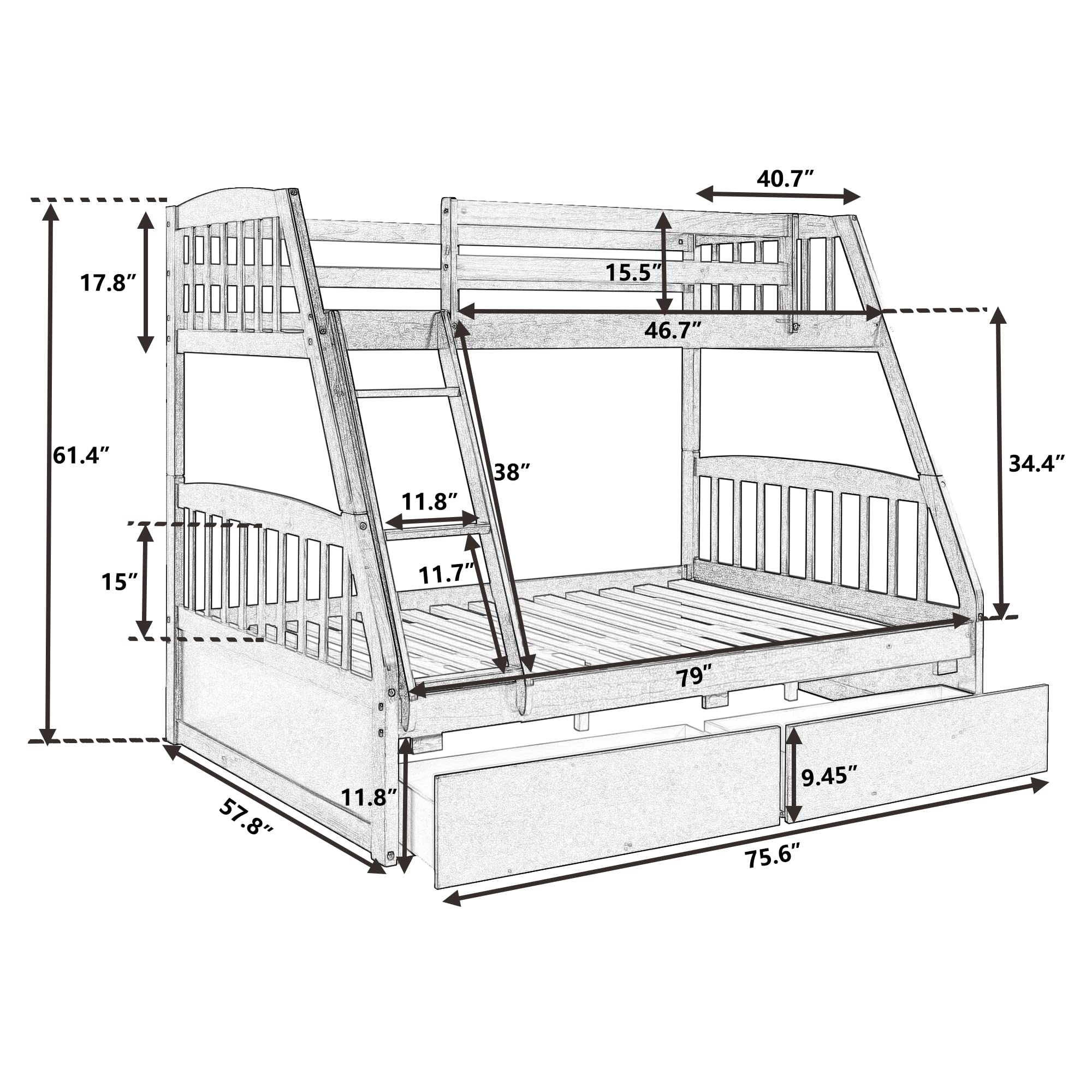 Merax Solid Wood Twin Over Full Bunk Bed with Two Storage Drawer, Removable Ladder and Safety Guardrail for Kids, Teens, Adults, Convertible to 2 Separated beds (White)