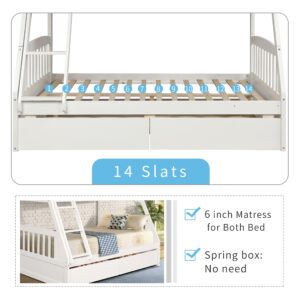 Merax Solid Wood Twin Over Full Bunk Bed with Two Storage Drawer, Removable Ladder and Safety Guardrail for Kids, Teens, Adults, Convertible to 2 Separated beds (White)