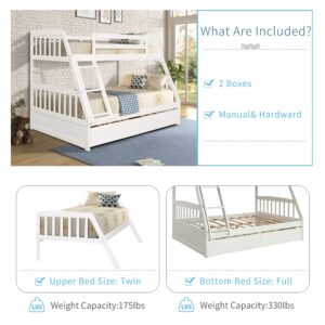 Merax Solid Wood Twin Over Full Bunk Bed with Two Storage Drawer, Removable Ladder and Safety Guardrail for Kids, Teens, Adults, Convertible to 2 Separated beds (White)