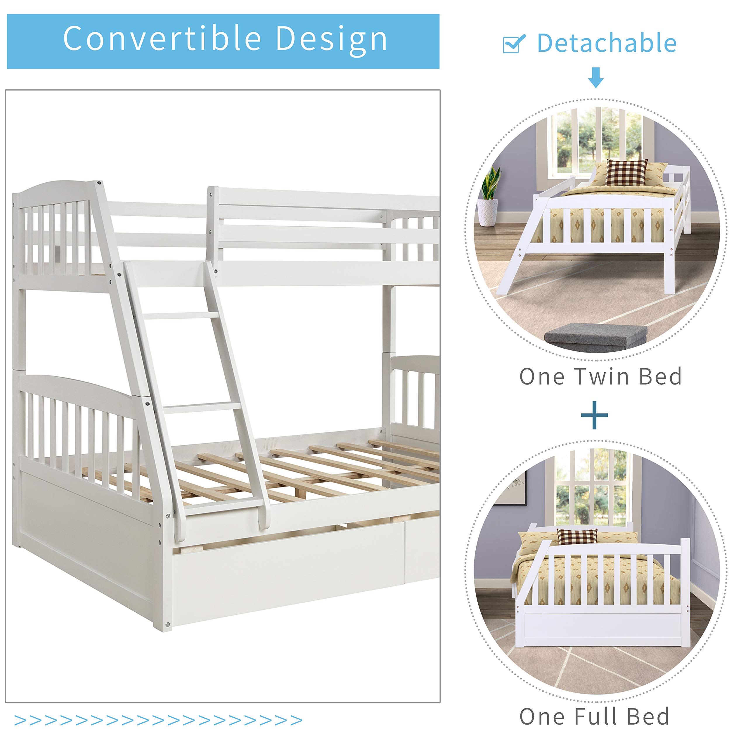 Merax Solid Wood Twin Over Full Bunk Bed with Two Storage Drawer, Removable Ladder and Safety Guardrail for Kids, Teens, Adults, Convertible to 2 Separated beds (White)