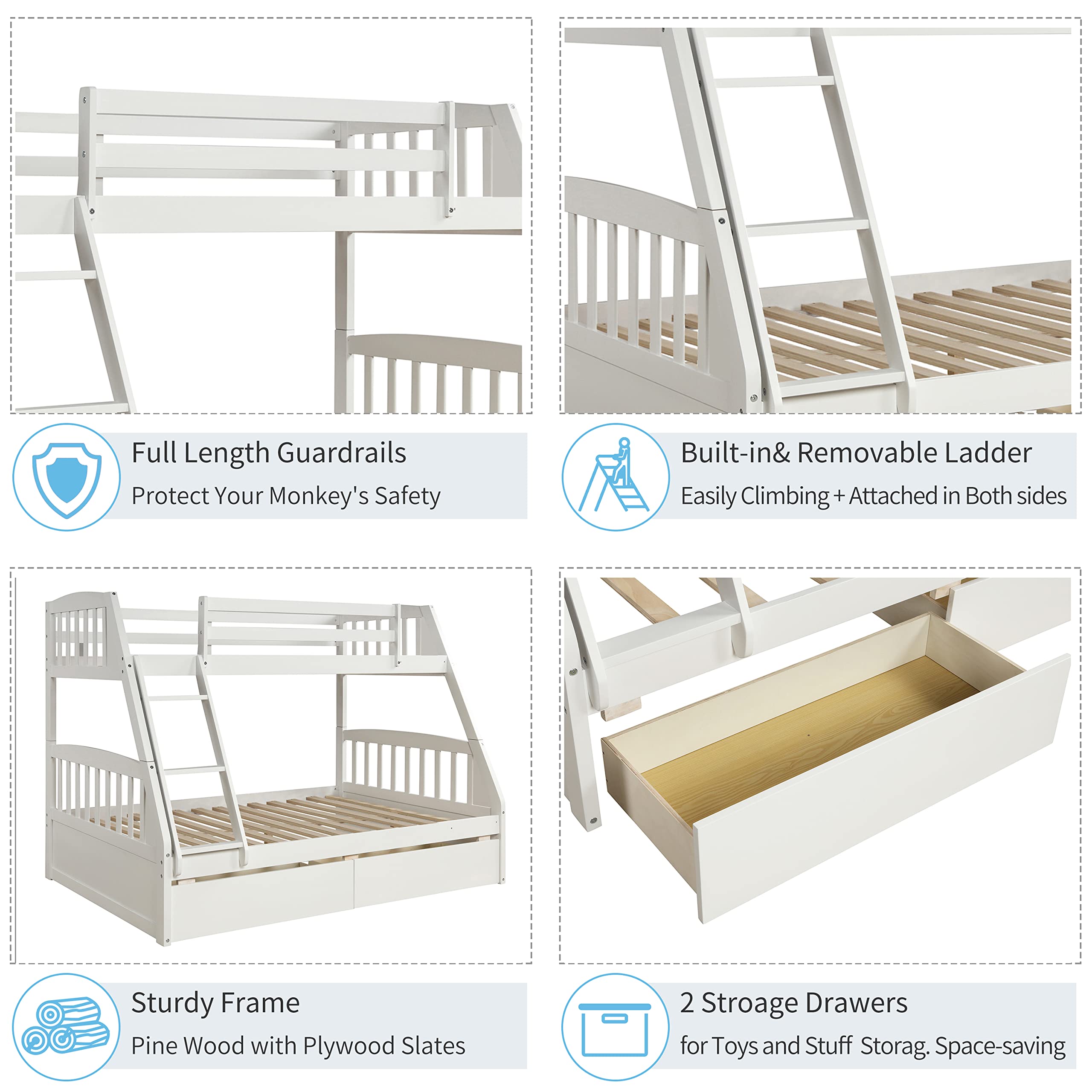 Merax Solid Wood Twin Over Full Bunk Bed with Two Storage Drawer, Removable Ladder and Safety Guardrail for Kids, Teens, Adults, Convertible to 2 Separated beds (White)