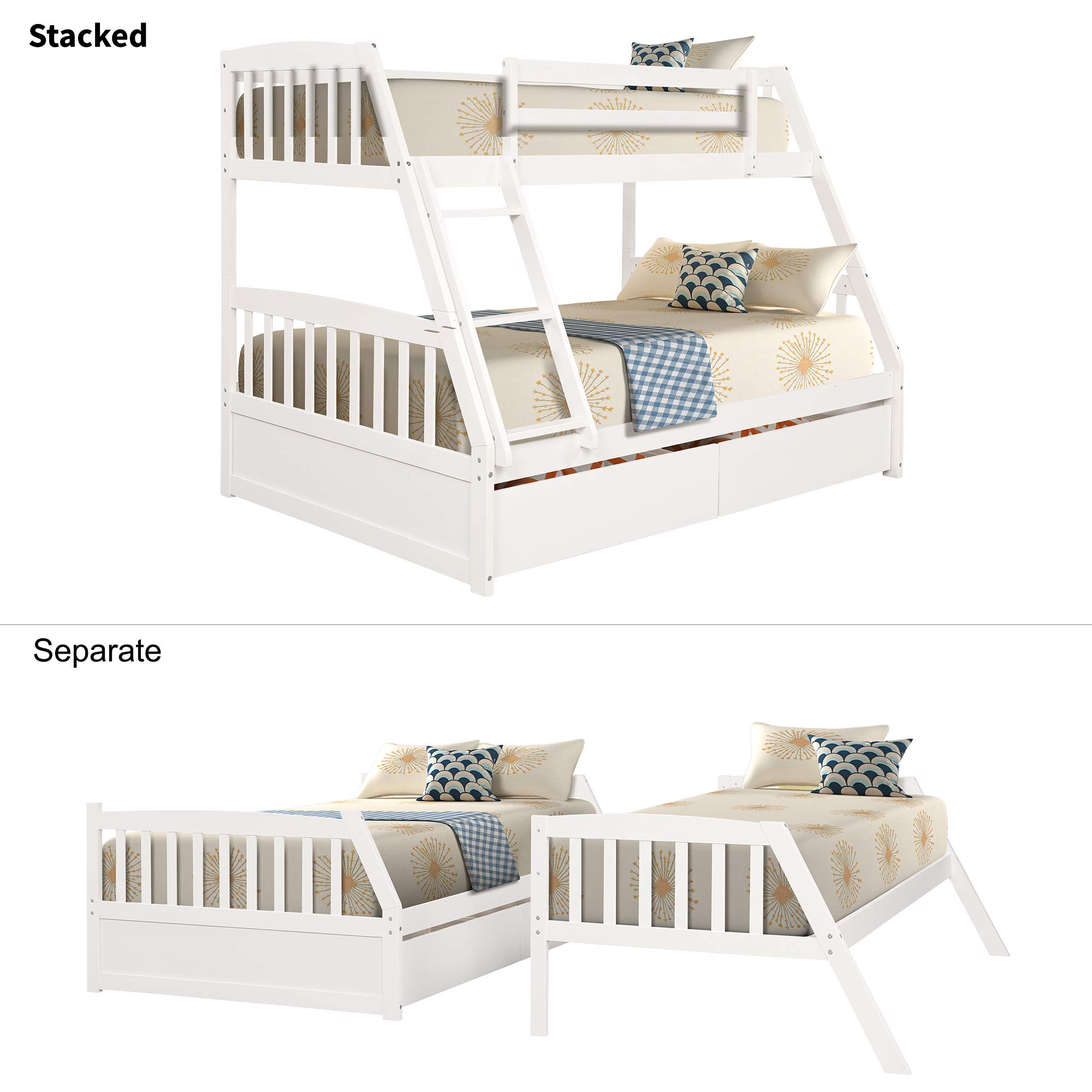 Merax Solid Wood Twin Over Full Bunk Bed with Two Storage Drawer, Removable Ladder and Safety Guardrail for Kids, Teens, Adults, Convertible to 2 Separated beds (White)