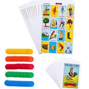 Loteria Mexican Bingo Game Kit - Loteria Bingo Game for 20 Players - Includes 1 Deck of Cards and Boards - with 100 Bingo Chips - for The Entire Family - Great for Learning Spanish.