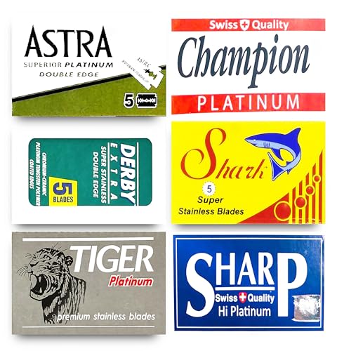 Astra-Derby-Shark-Tiger-Sharp Double Edge Razor Blades Sampler, 30 Blades