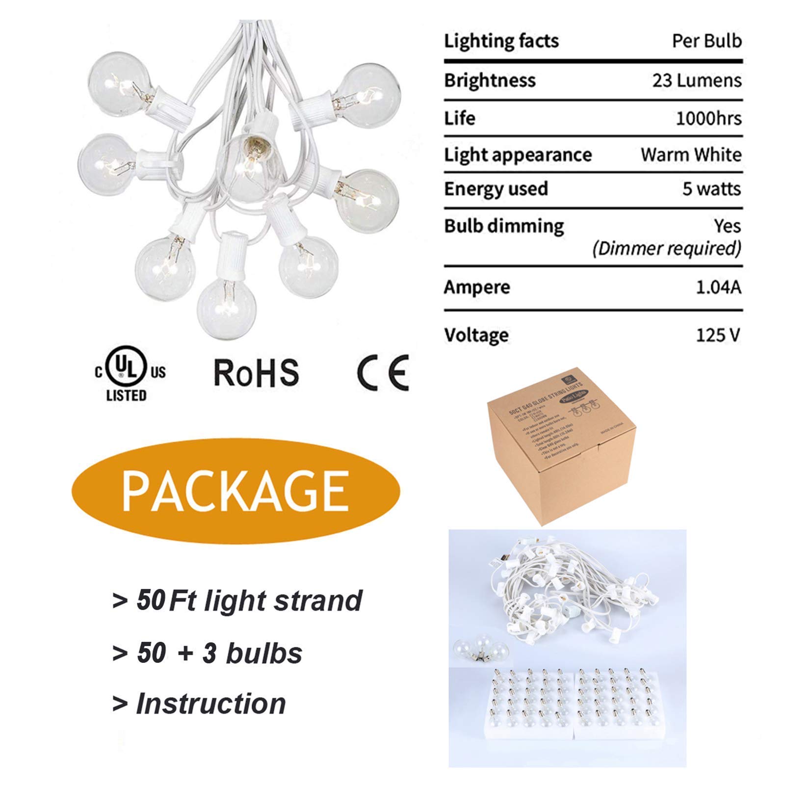 Afirst Outdoor String Lights 50FT with 53 Globe Bulbs Patio String Lights Weatherproof Outdoor Hanging Lights for Garden/Backyard Party/Wedding-White Cord