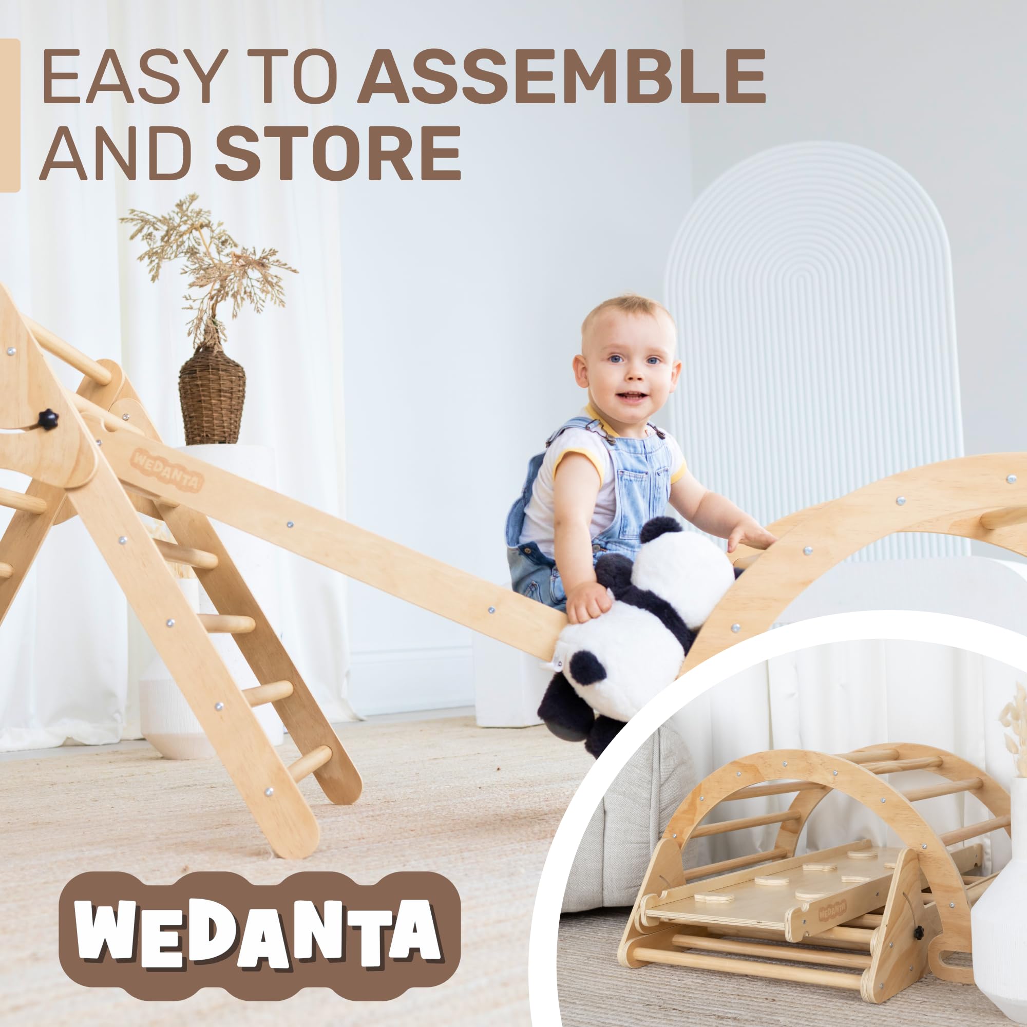 WEDANTA Foldable Climbing Toys Toddlers 4 in 1 - Pikler Triangle Climber Ramp Arch - Wooden Toddler Set 3 in 1 - Montessori Set - Pickler 3 Piece Gym for Kid - Anthill-3