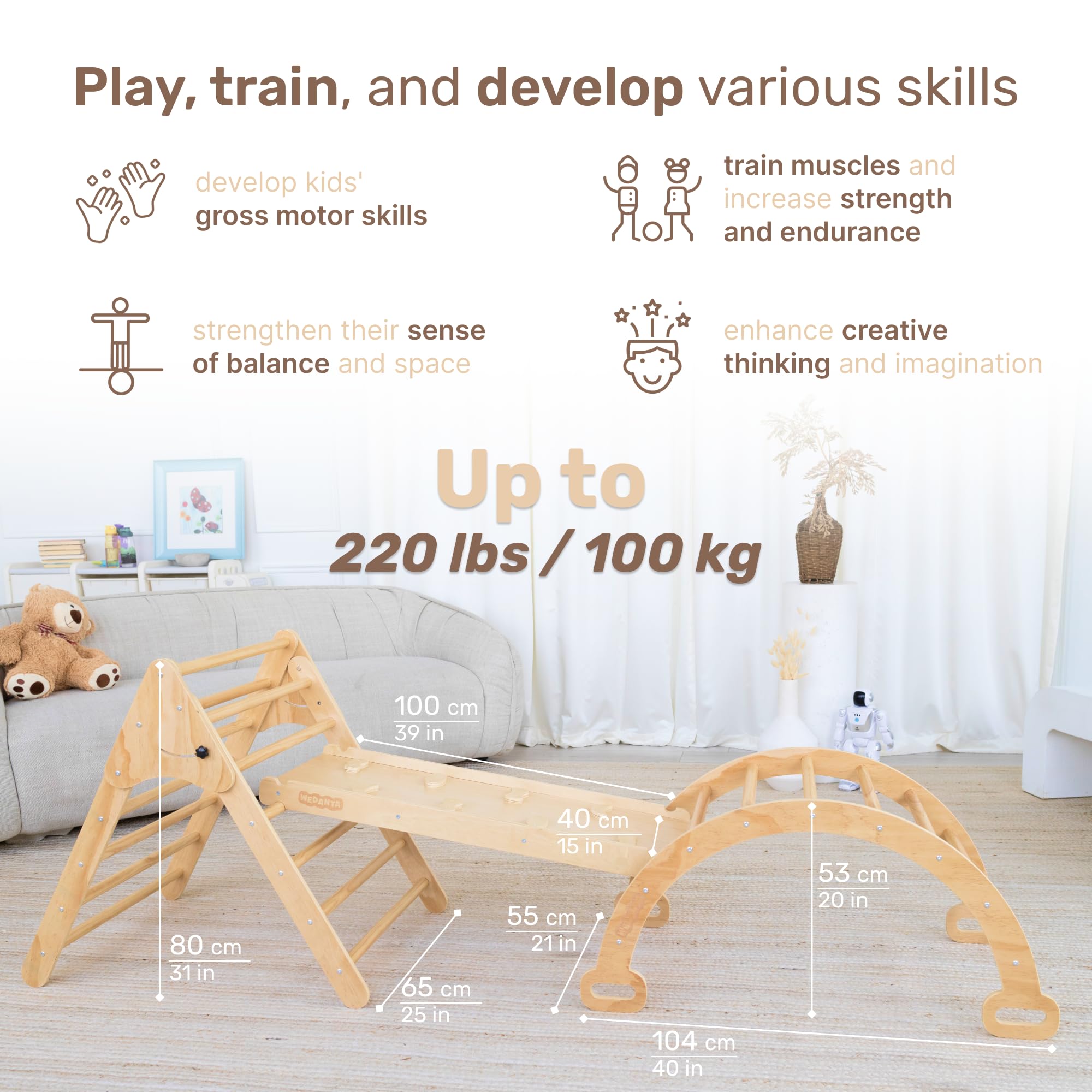 WEDANTA Foldable Climbing Toys Toddlers 4 in 1 - Pikler Triangle Climber Ramp Arch - Wooden Toddler Set 3 in 1 - Montessori Set - Pickler 3 Piece Gym for Kid - Anthill-3