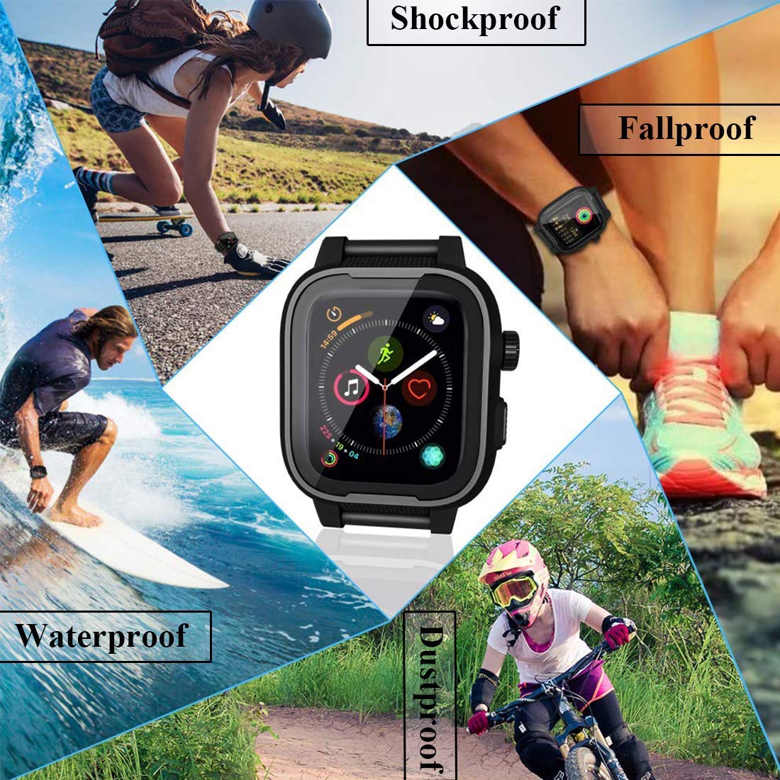 for Apple Watch Case 44mm Waterproof Case, IP68 Full Body Protection Case with Screen Protector and Band, Case Cover for iWatch Series 6/5/4/SE 44mm, Black