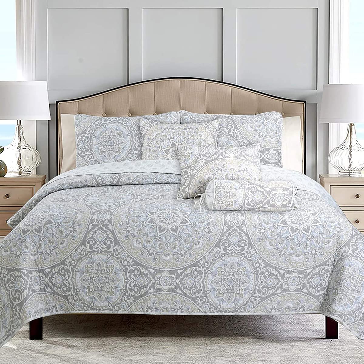 Cozy Line Home Fashions Medallion Floral Reversible Bedding Quilt Set, Lightweight Bedspread Coverlet for All Seasons (Grey Venetia, Queen - 3 Piece)