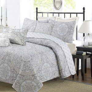 Cozy Line Home Fashions Medallion Floral Reversible Bedding Quilt Set, Lightweight Bedspread Coverlet for All Seasons (Grey Venetia, Queen - 3 Piece)