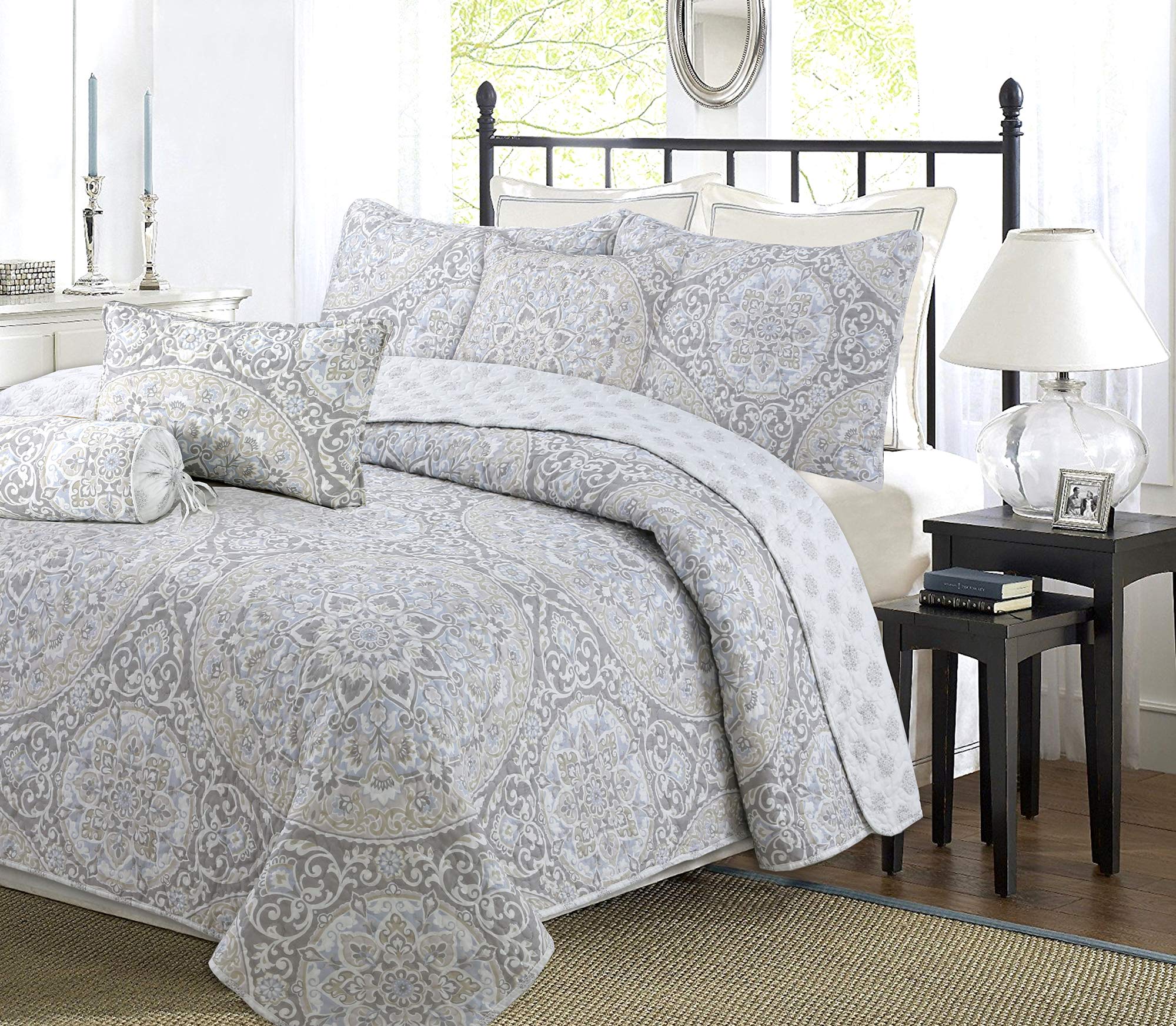 Cozy Line Home Fashions Medallion Floral Reversible Bedding Quilt Set, Lightweight Bedspread Coverlet for All Seasons (Grey Venetia, Queen - 3 Piece)