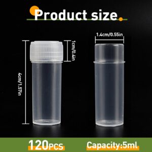 SBYURE 120 Pieces 5 ML Plastic Sample Bottles Vial Storage Mini Clear Storage Case with Lid Vial Storage Container Test Tube for Small Items