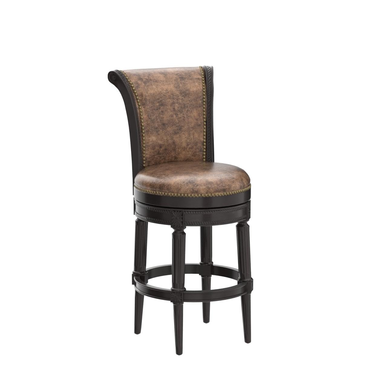 New Ridge Home Goods Chapman 31in. Bar-Height Swivel Bar Stool with Back, Distressed Walnut with Dark Brown Seat