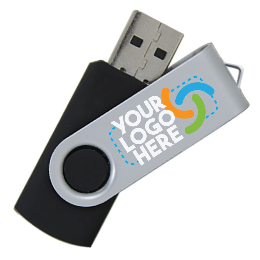 128MB Custom USB Flash Drives Personalized with Your Logo - for Promotional Use - Swivel - Black Body/Silver Clip - 50 Pack