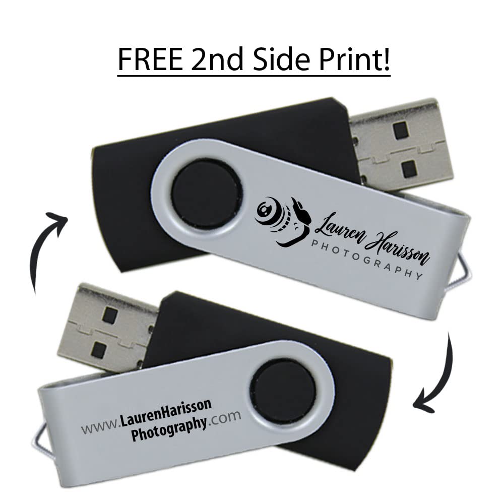 128MB Custom USB Flash Drives Personalized with Your Logo - for Promotional Use - Swivel - Black Body/Silver Clip - 50 Pack