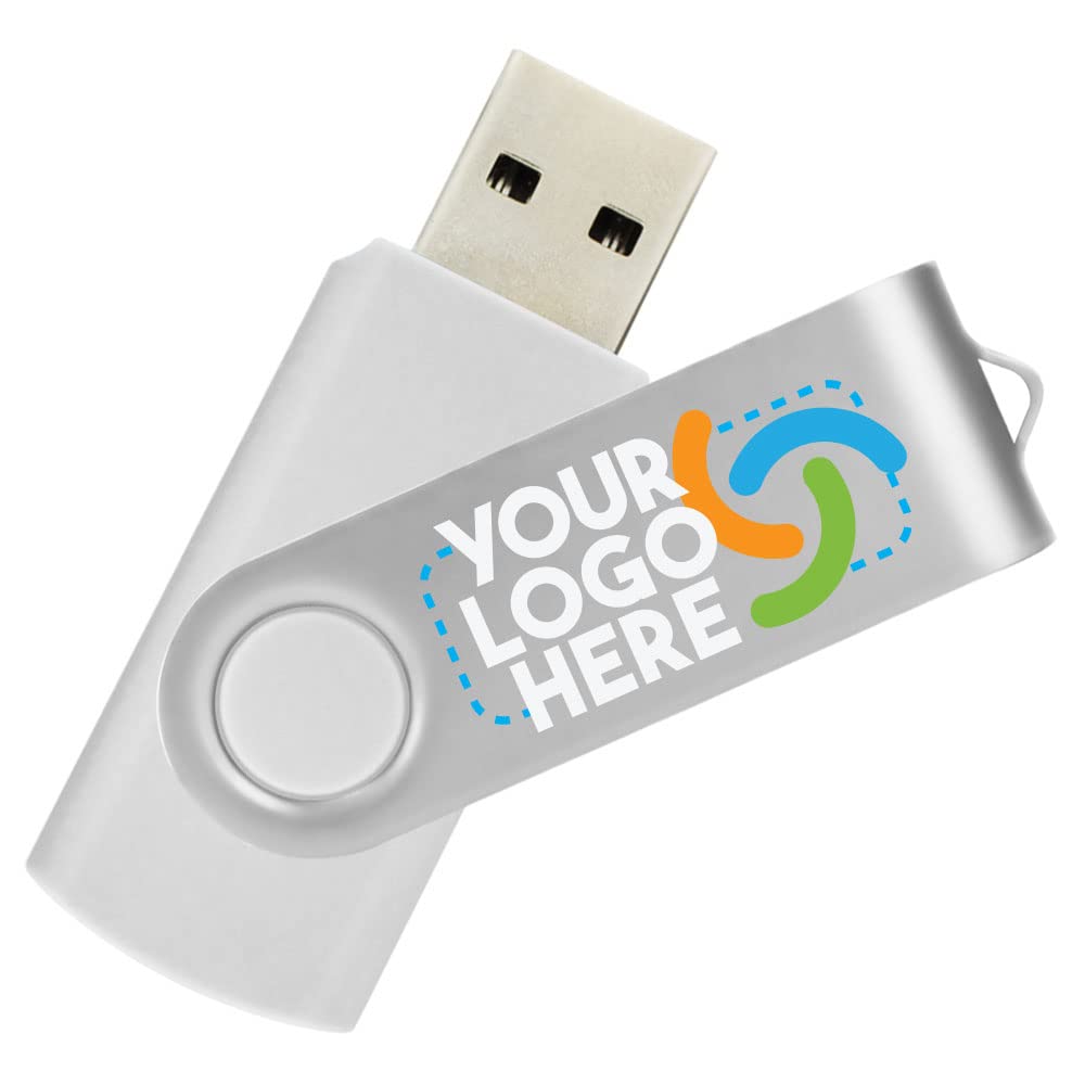 8GB Custom USB Flash Drives Personalized with Your Logo - for Promotional Use - Swivel - White Body/Silver Clip - 20 Pack