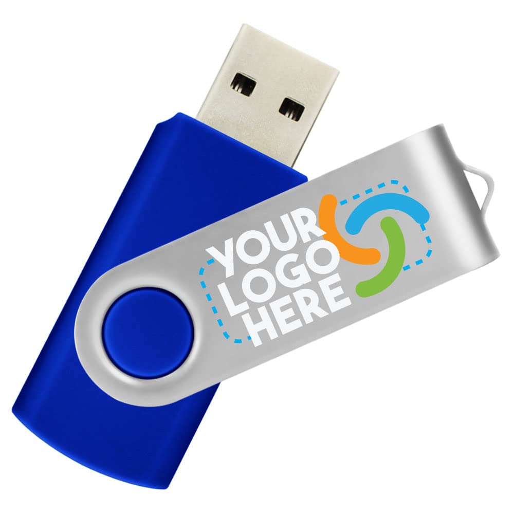 2GB Custom USB Flash Drives Personalized with Your Logo - for Promotional Use - Swivel - Blue Body/Silver Clip - 50 Pack