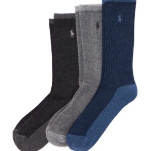 POLO RALPH LAUREN Men's Tri-Color Heather Casual Crew Socks 3 Pair Pack - Arch Support and Comfort Cushioning, Denim Heather, 6-12.5