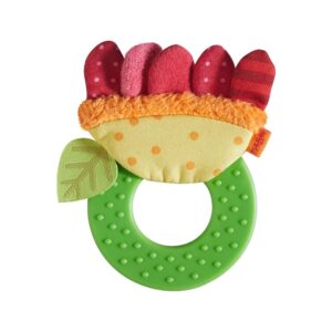 haba teether chomp champ flower teether - soft activity toy with crackling foil petals & plastic teething ring for babies ages birth and up