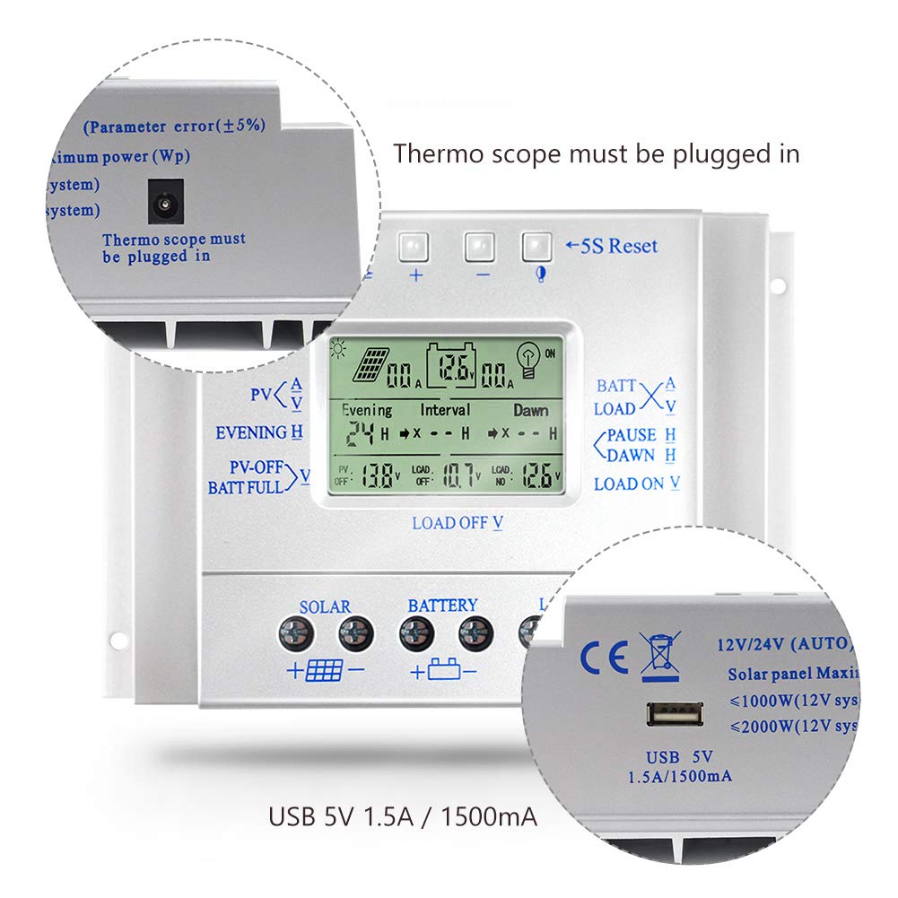 MPPT 60A Solar Charge Regulator LCD Display Solar Controller 12V 24V with Light and Timer Control Easy Settable for PV