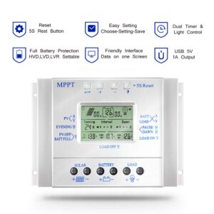 MPPT 60A Solar Charge Regulator LCD Display Solar Controller 12V 24V with Light and Timer Control Easy Settable for PV