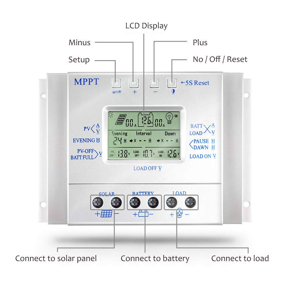 MPPT 60A Solar Charge Regulator LCD Display Solar Controller 12V 24V with Light and Timer Control Easy Settable for PV