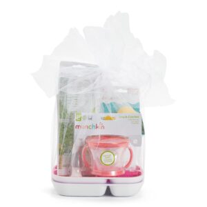 munchkin® new beginnings baby gift set, includes feeding utensils, divided plates, bottle brush, bath toy and teether, pink