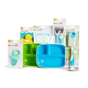 Munchkin® New Beginnings Baby Gift Set, Includes Feeding Utensils, Divided Plates, Bottle Brush, Bath Toy and Teether, Blue